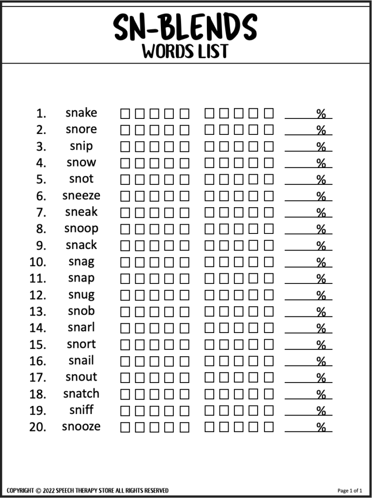 65+ SN Blends for Speech Therapy + PDF Words - Speech Therapy Store