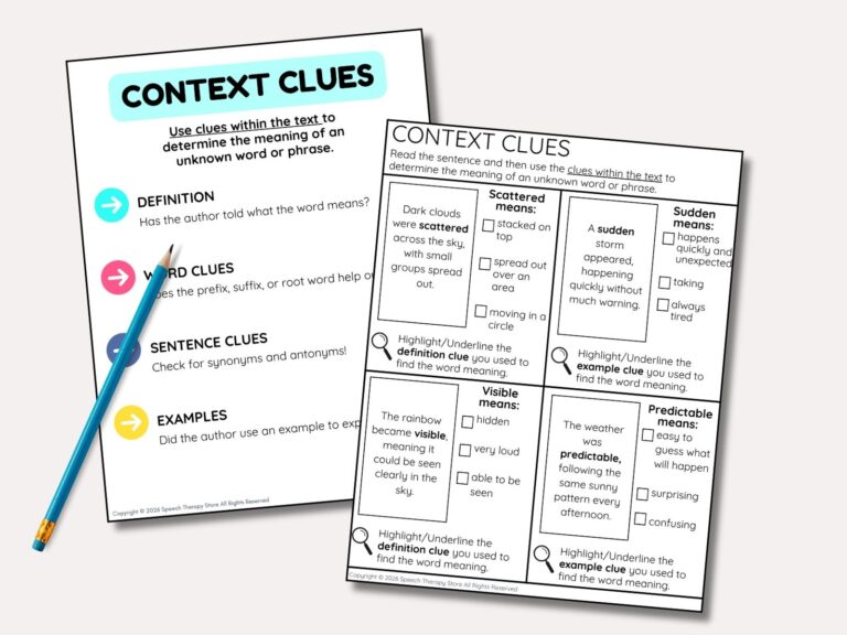 Free & Fun Context Clues Chart + Materials for Speech Therapy - Speech ...